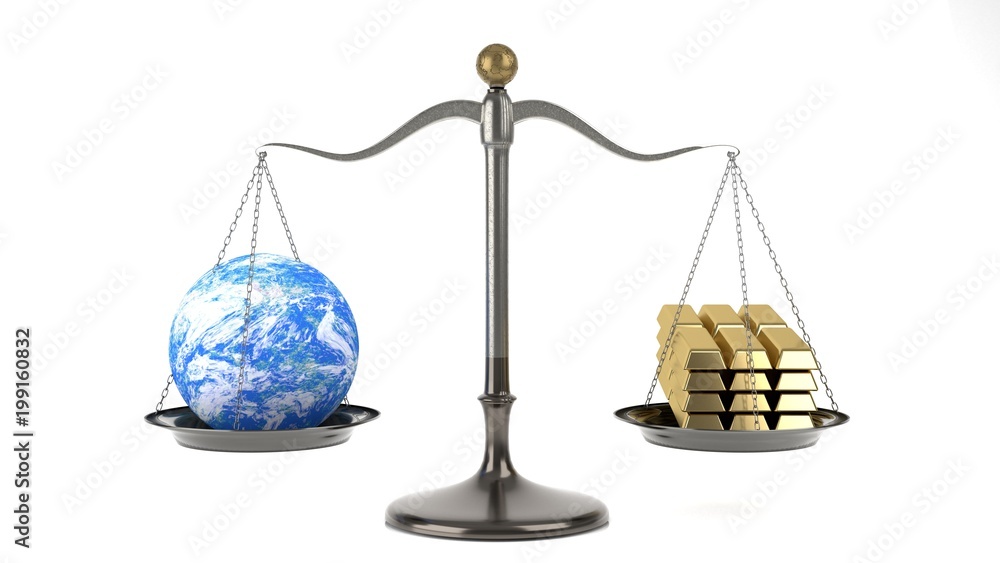 Earth and ecology versus money, wealth and business, symbolized by a ...