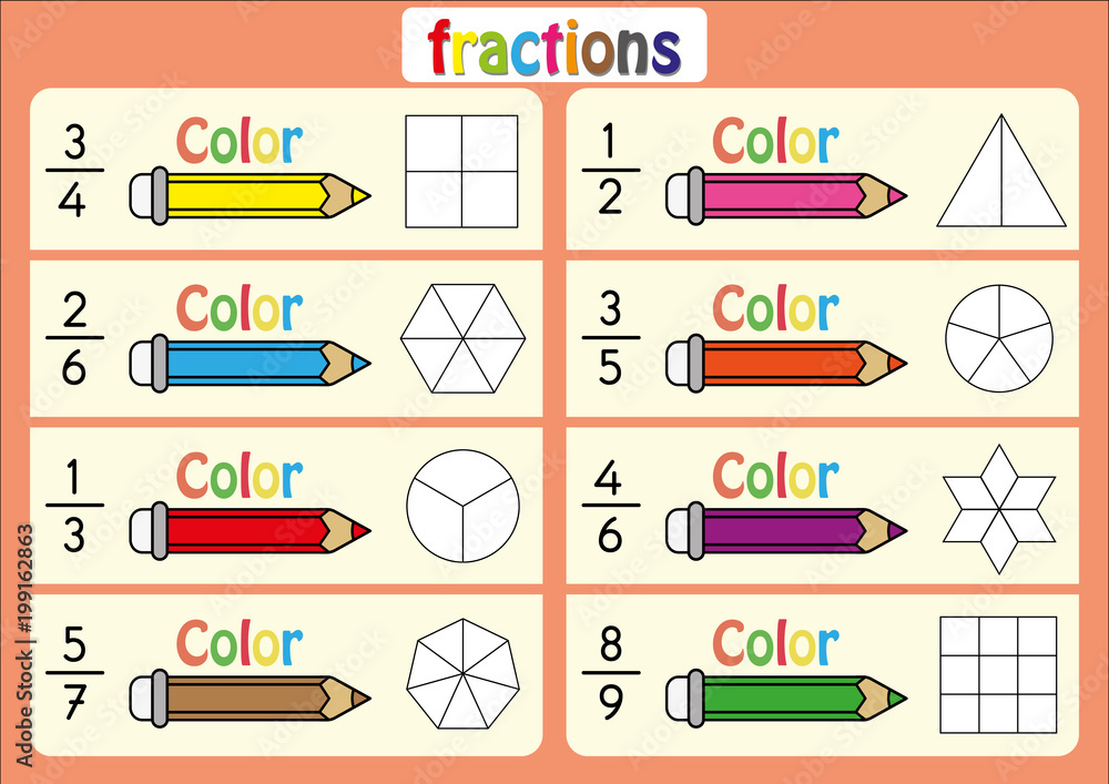 educational, color the parts of the shape that represent each fraction ...