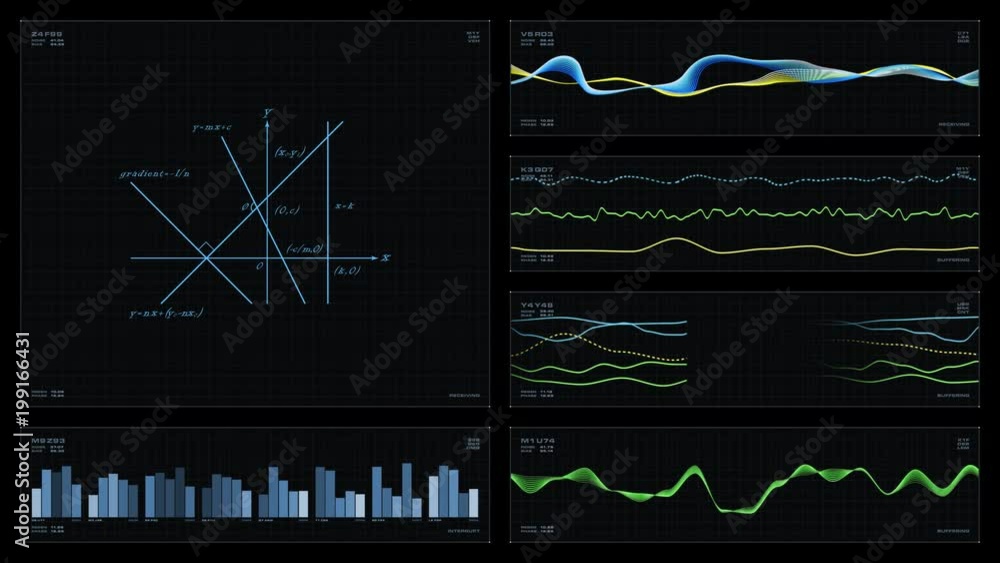 Multi-panel visual display: formulae, animated line graphs, waveforms ...