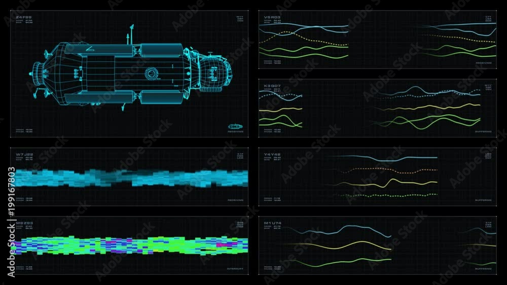 Multi-panel visual display: wireframe, animated line graphs, waveforms ...