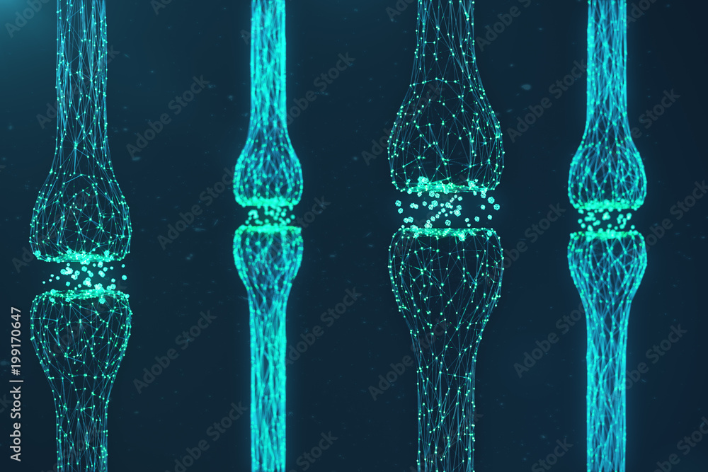 Blue glowing synapse. Artificial neuron in concept of artificial ...