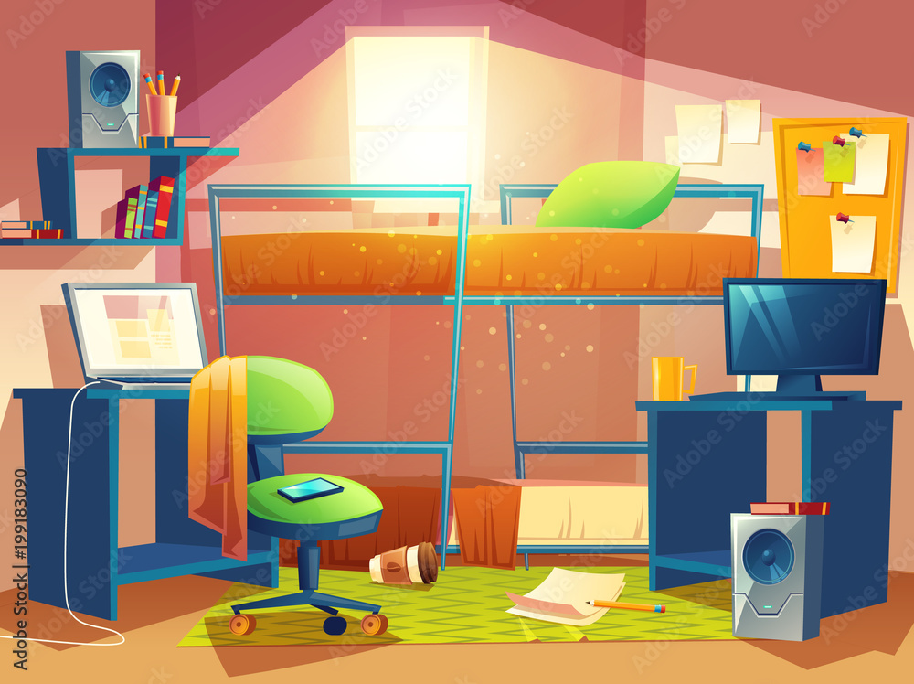 Vector cartoon illustration of small dorm room, dormitory interior ...