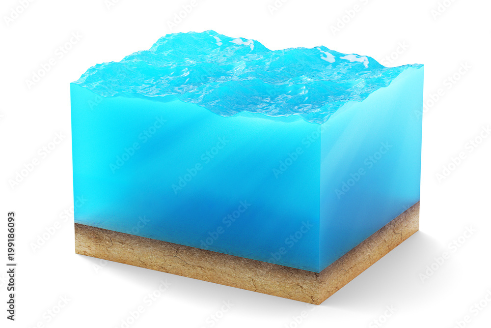 3d rendering of cross section of water cube with sandy bottom ...
