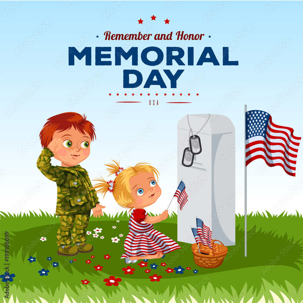 Memorial Day, childs on military cemetery, little girl and boy on grave ...