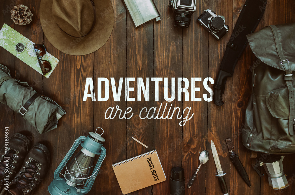Adventures are calling text, message, lettering. Hiking gear frame ...