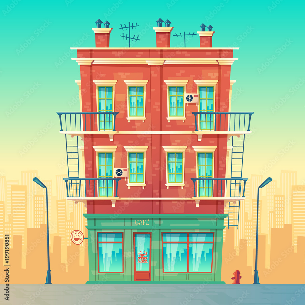 Vector street cafe in residential multi-storey apartment, urban ...