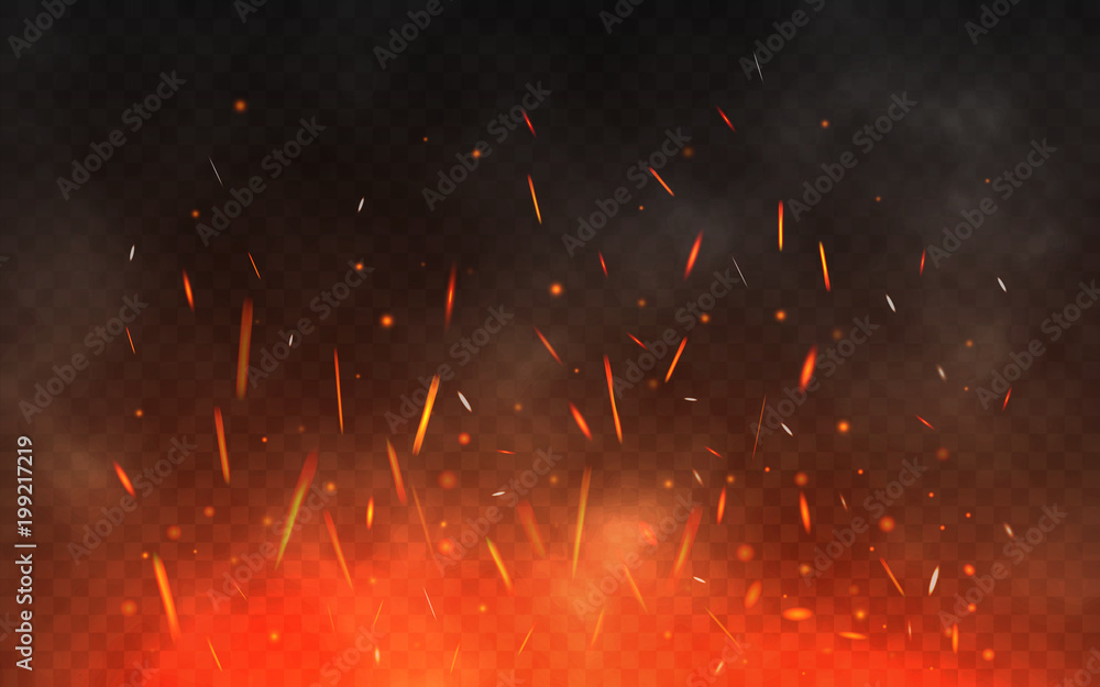 Fire sparks flying up. Glowing particles on a transparent background ...