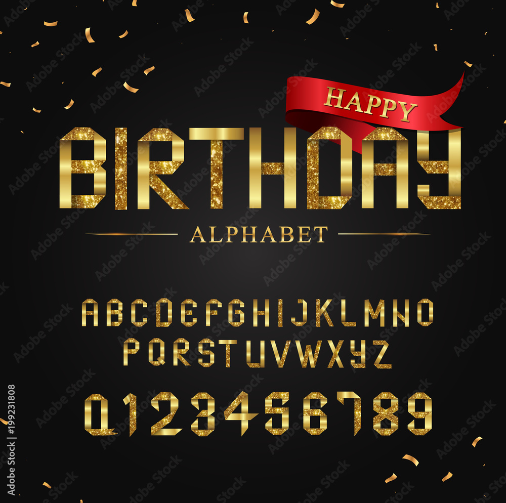 Golden foil ribbon happy birthday style. Alphabet font and numbers ...