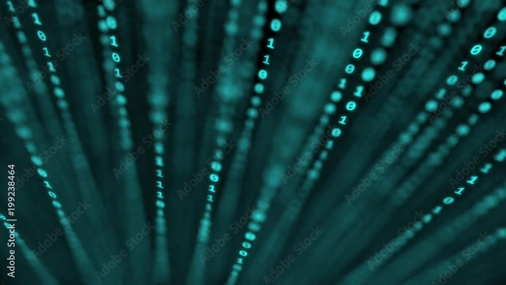 Animated lines of constantly changing binary code in 3D space with very ...