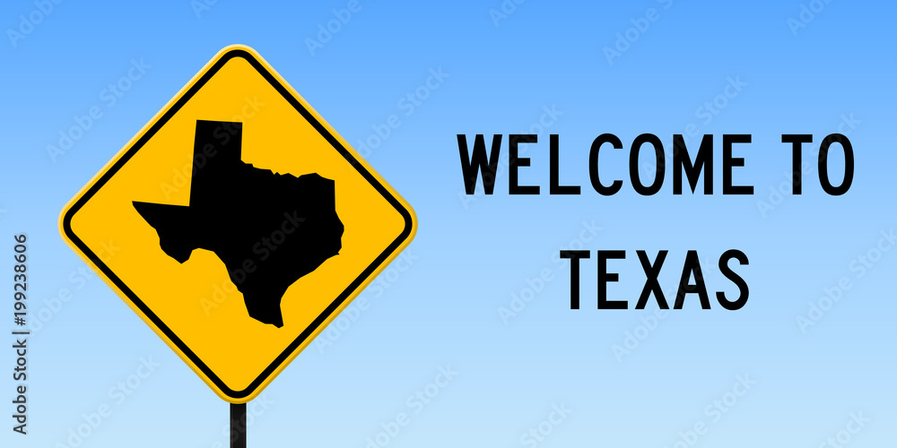 Texas map on road sign. Wide poster with Texas us state map on yellow ...