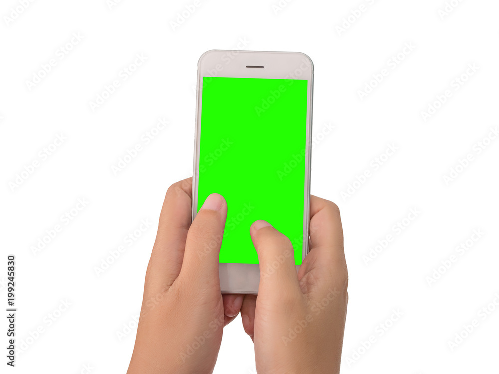 woman send text on mobile phone with green screen isolated on white ...