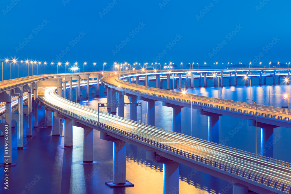 illuminated Xinghai Bay cross-sea bridge of Dalian,China. Stock Photo ...