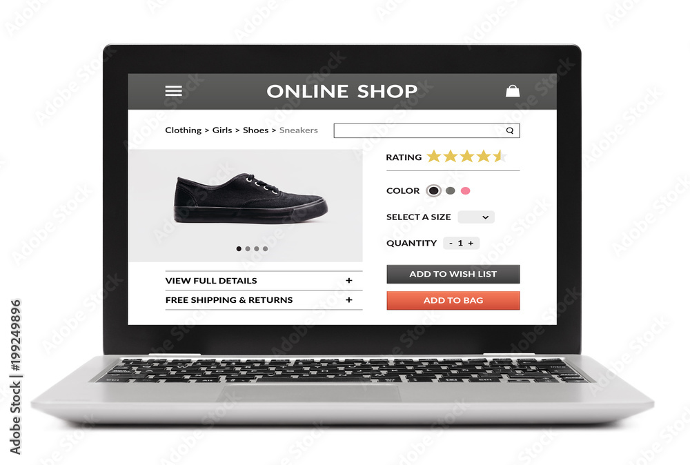 Online shop concept on laptop computer screen. Isolated on white ...