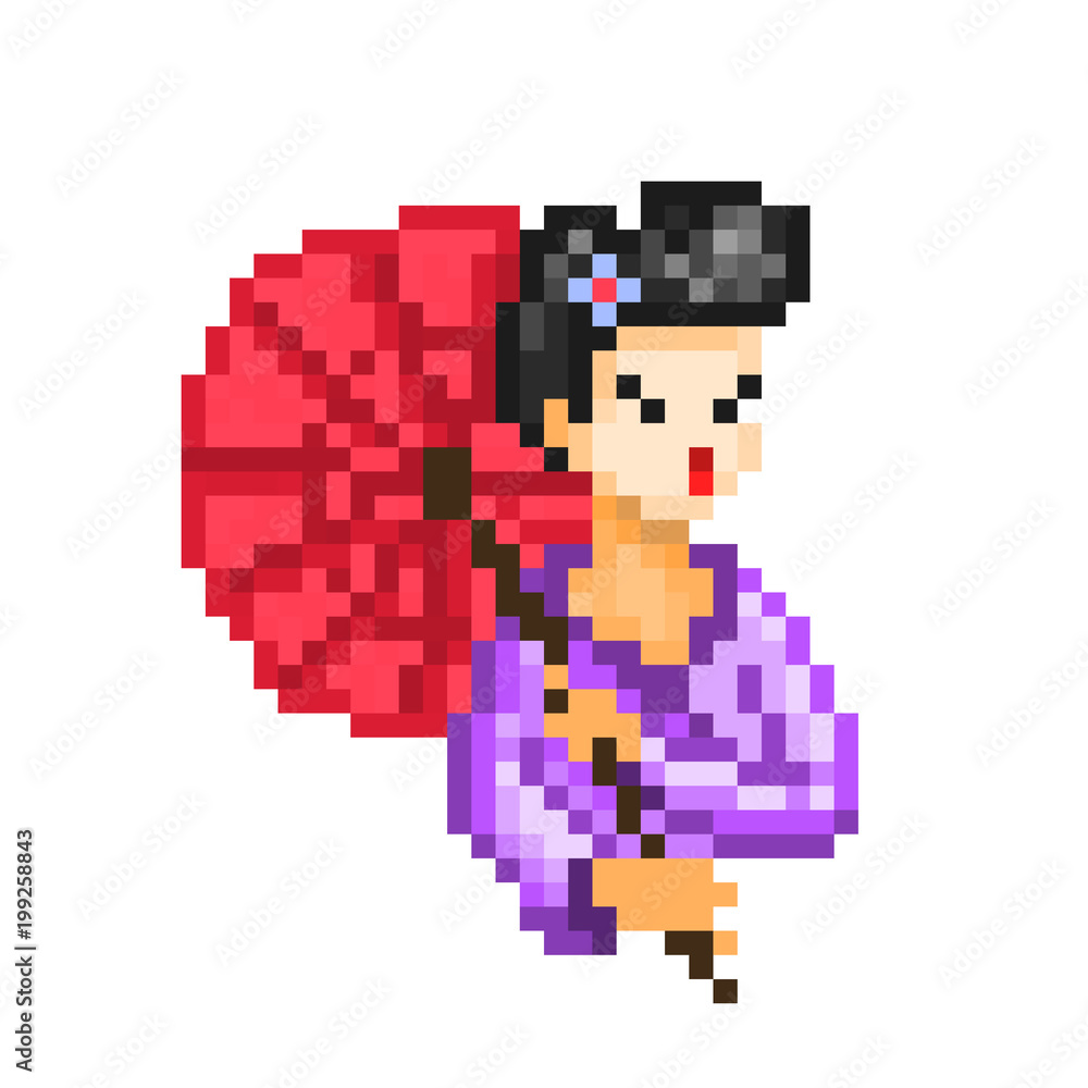Geisha in violet kimono with red umbrella, 8 bit pixel art character ...
