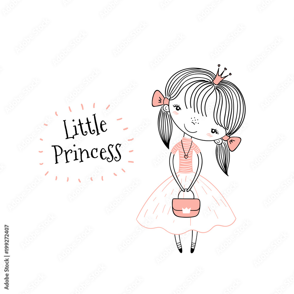 Hand drawn vector illustration of a cute little princess in a pink ...