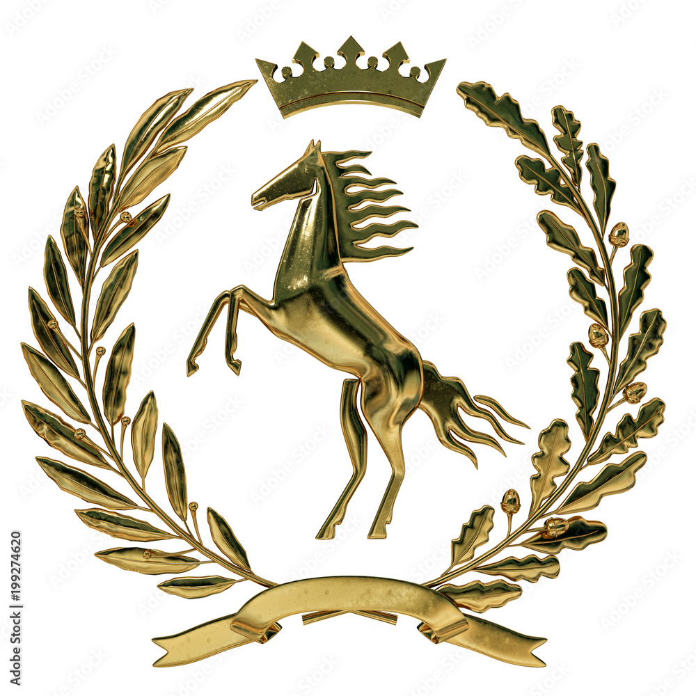 3D illustration, 3d rendering, Heraldry, coat of arms. Golden olive ...