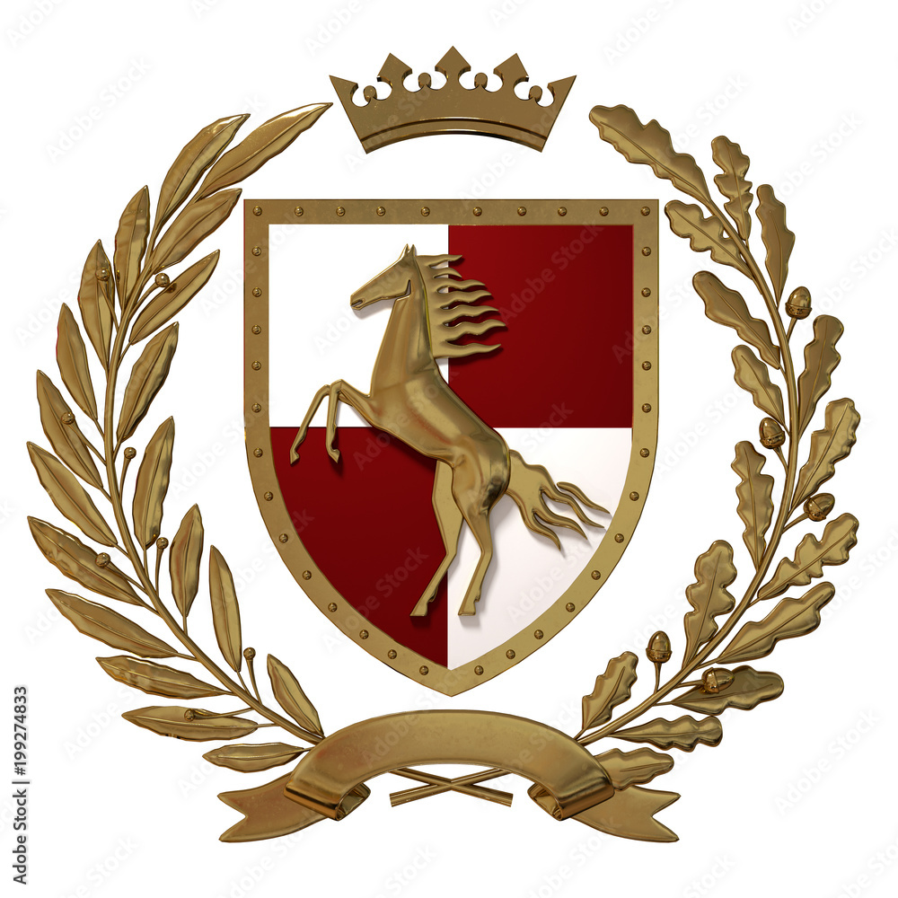 3D illustration, 3d rendering, Heraldry, red-white coat of arms. Golden ...