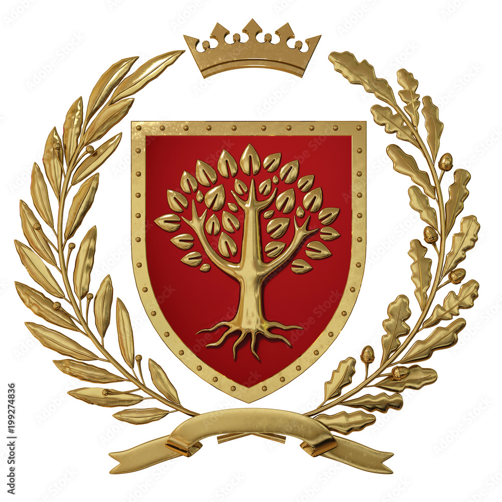 3D illustration, 3d rendering, Heraldry, red coat of arms. Golden olive ...