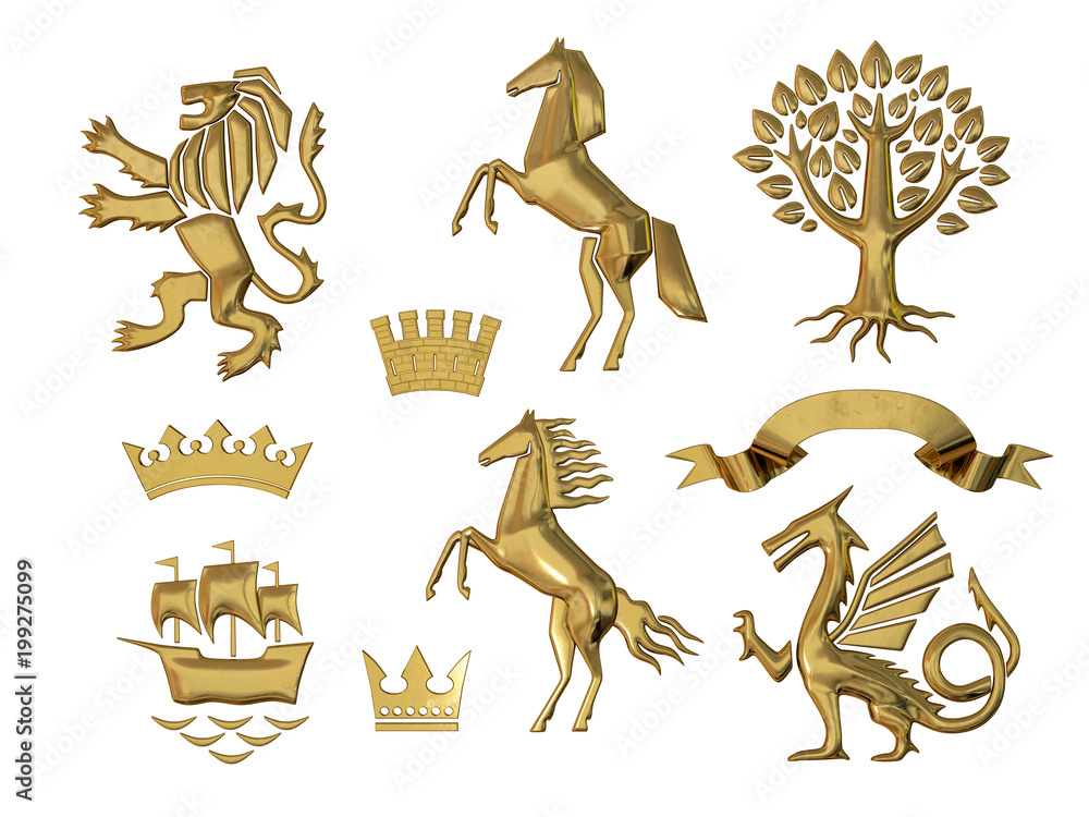 3D illustration, 3d rendering, set of gold heraldic symbols. Lion ...