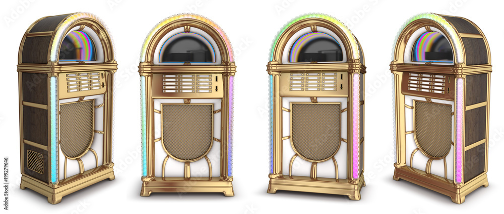 Jukebox. Wooden with brass finish. 3d illustration set isolated on ...