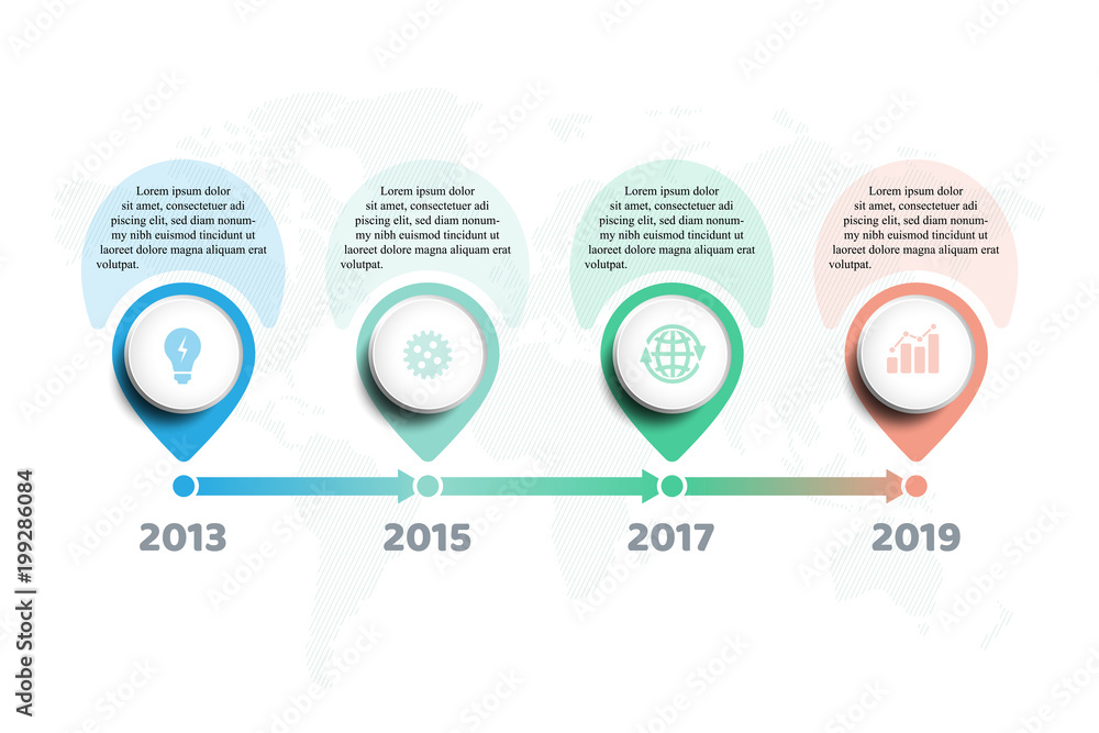 Infographic milestones template with 4 option map pointer. Time scale ...