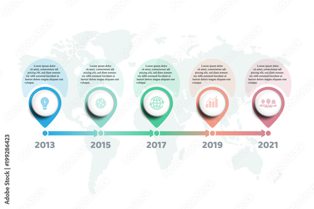Infographic milestones template with 5 option map pointer. Time scale ...