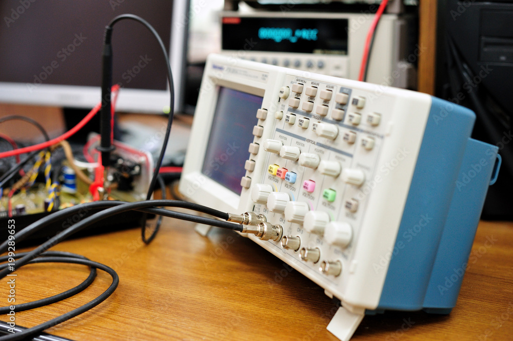 Electronic oscilloscope device. Angle view of an electronic ...