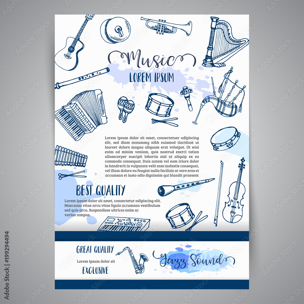 Music Instruments, Music festival brochure Jazz flyer design. Hand ...