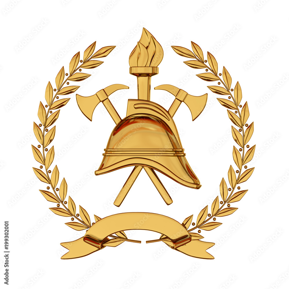 3d rendering. Fire emblem. An ancient European fire helmet, axes and a ...