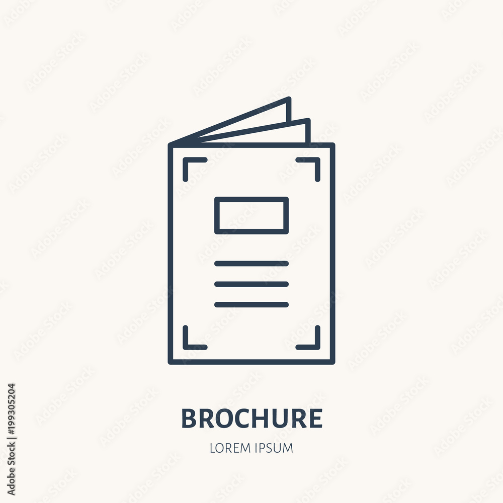 Brochure flat line icon. Booklet, promotion catalog sign. Thin linear ...