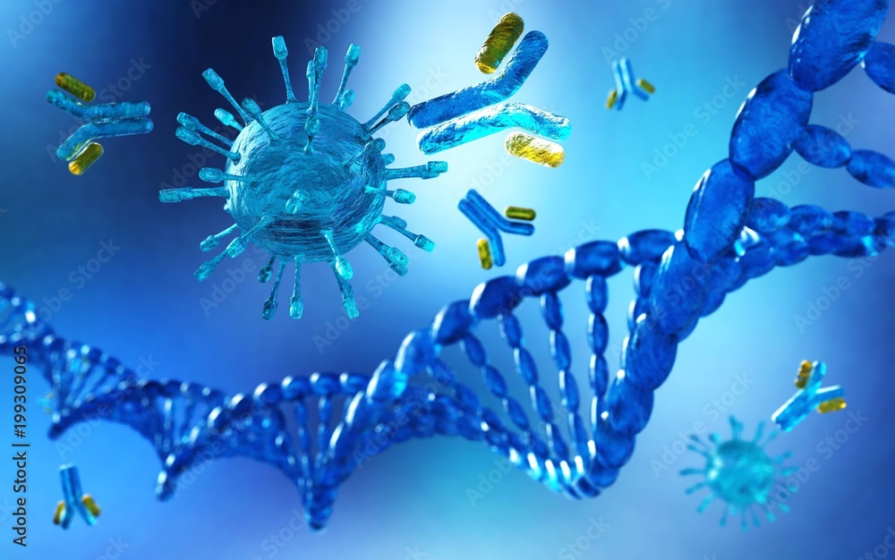 virus and antibody and spiral DNA, 3D rendering Stock Illustration ...