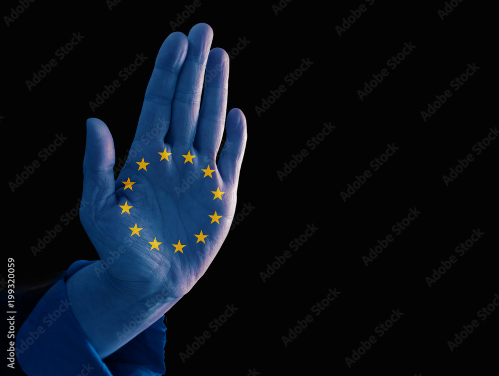 Hand with European flag showing stop gesture to prevent immigration of ...