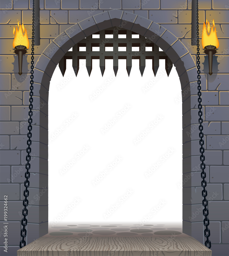Medieval castle gate with a drawbridge and torches with a white ...