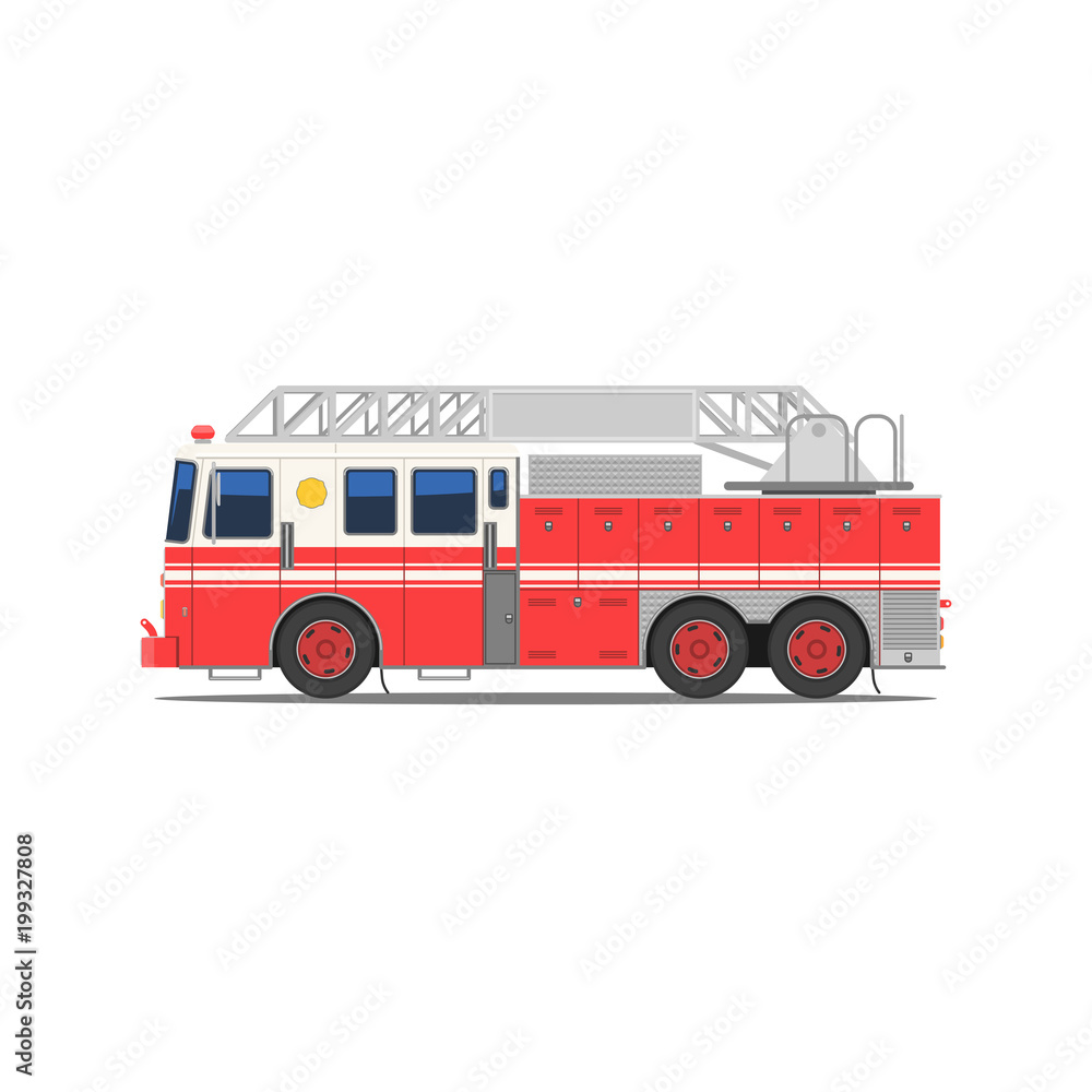 Fire engine side view. Red fire truck with stairs. Firefighting vehicle ...