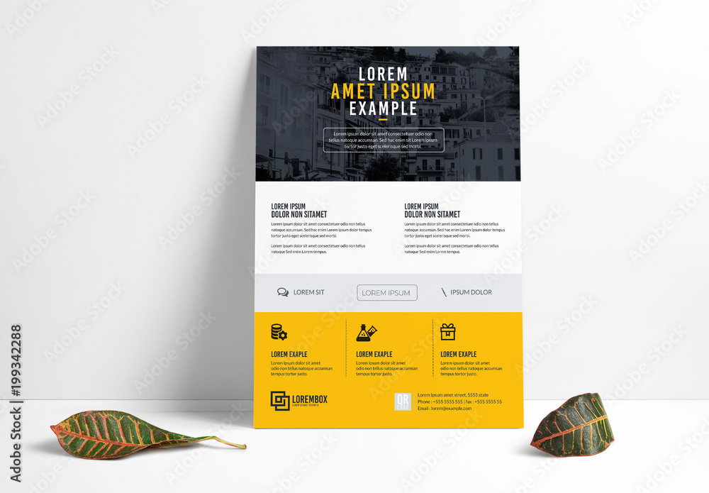 Flyer Layout with Dark Blue Header Overlay Stock Template | Adobe Stock