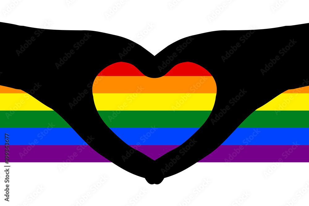 Heart shape of silhouette hands shadow on colorful rainbow stripes. The ...