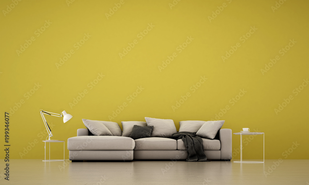The modern interior design of lounge and living room and yellow wall ...