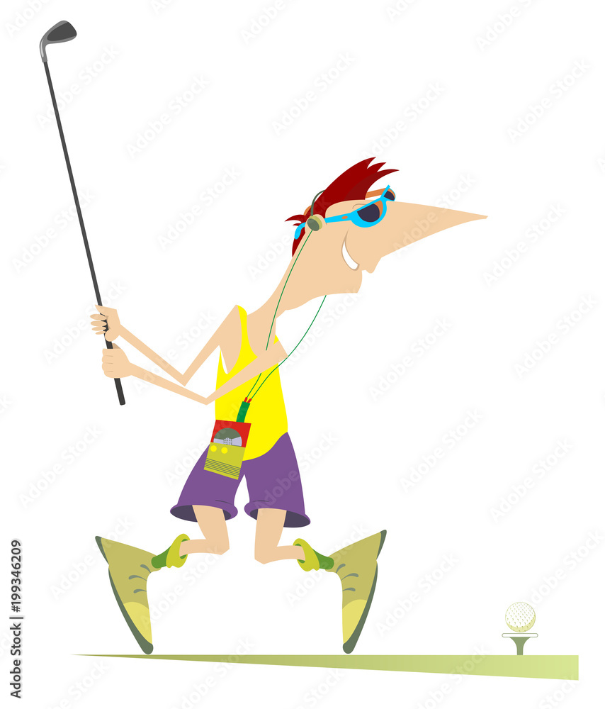 Smiling golfer aiming to do a good kick isolated illustration. Cartoon ...