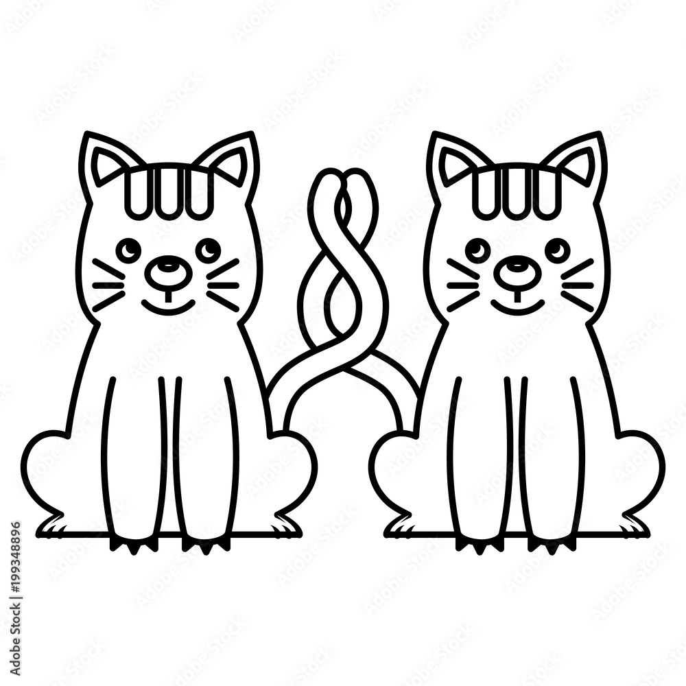 two cute cats sit with tails crossed vector illustration black and ...