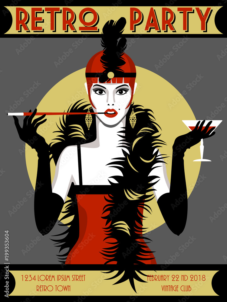 Retro party invitation card. Handmade drawing vector illustration. Pop ...