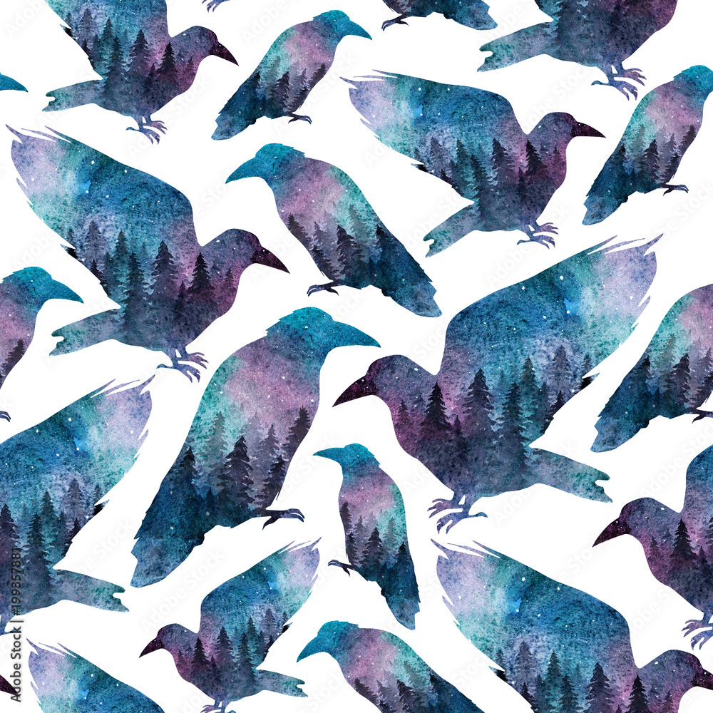 Seamles pattern of ravens' silhouettes with a forest inside. Birds in ...
