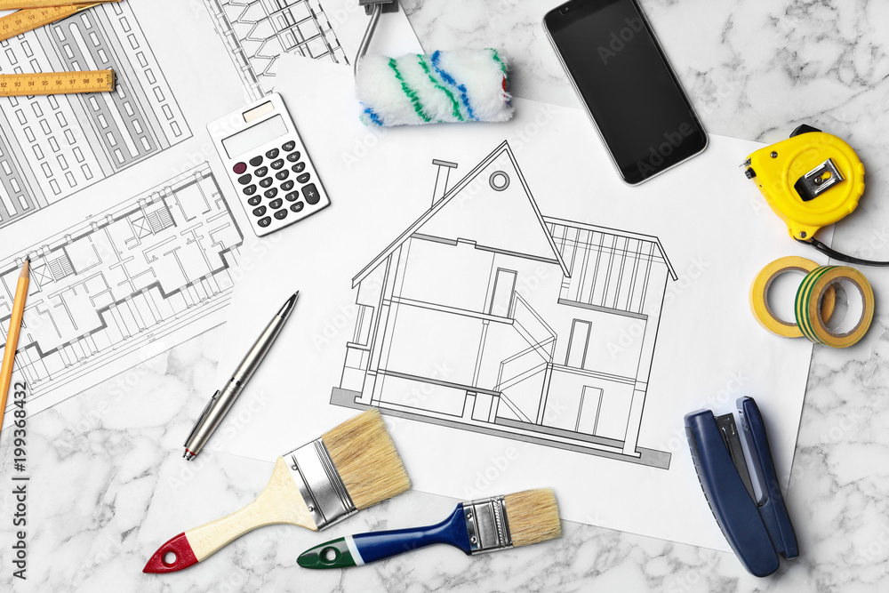 Set of decorator's tools and project drawing on light background, flat ...