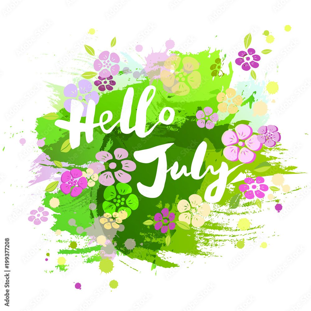 Handwritten lettering Hello July isolated on watercolor painting ...