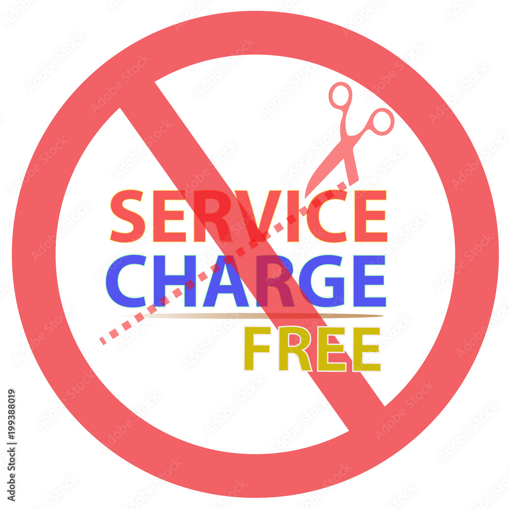 Red Scissors cutting word service charge on isolated white background ...