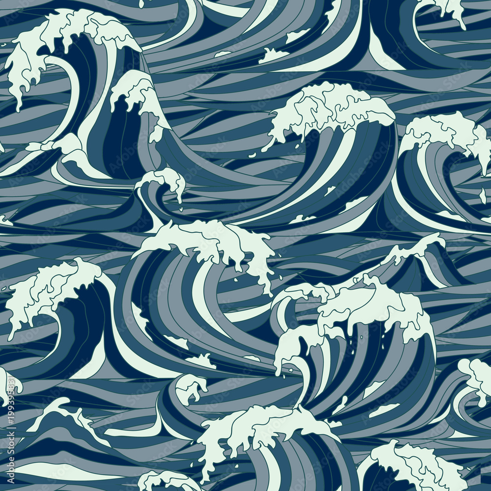 Seamless Pattern with Hand Drawn Stylized Sea Waves. Vector ...