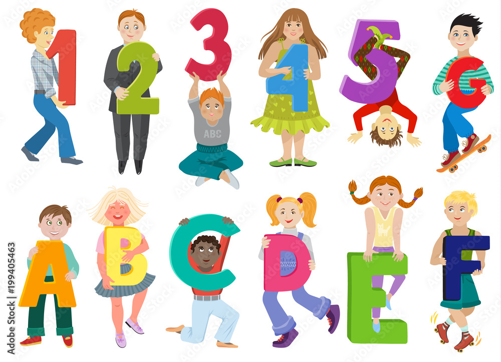 Kids alphabet vector children with cartoon font and boy or girl ...