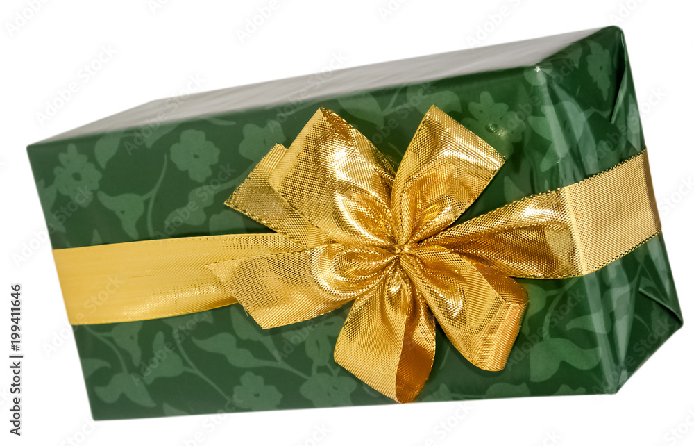 paquet cadeau vert, ruban doré Stock Photo | Adobe Stock