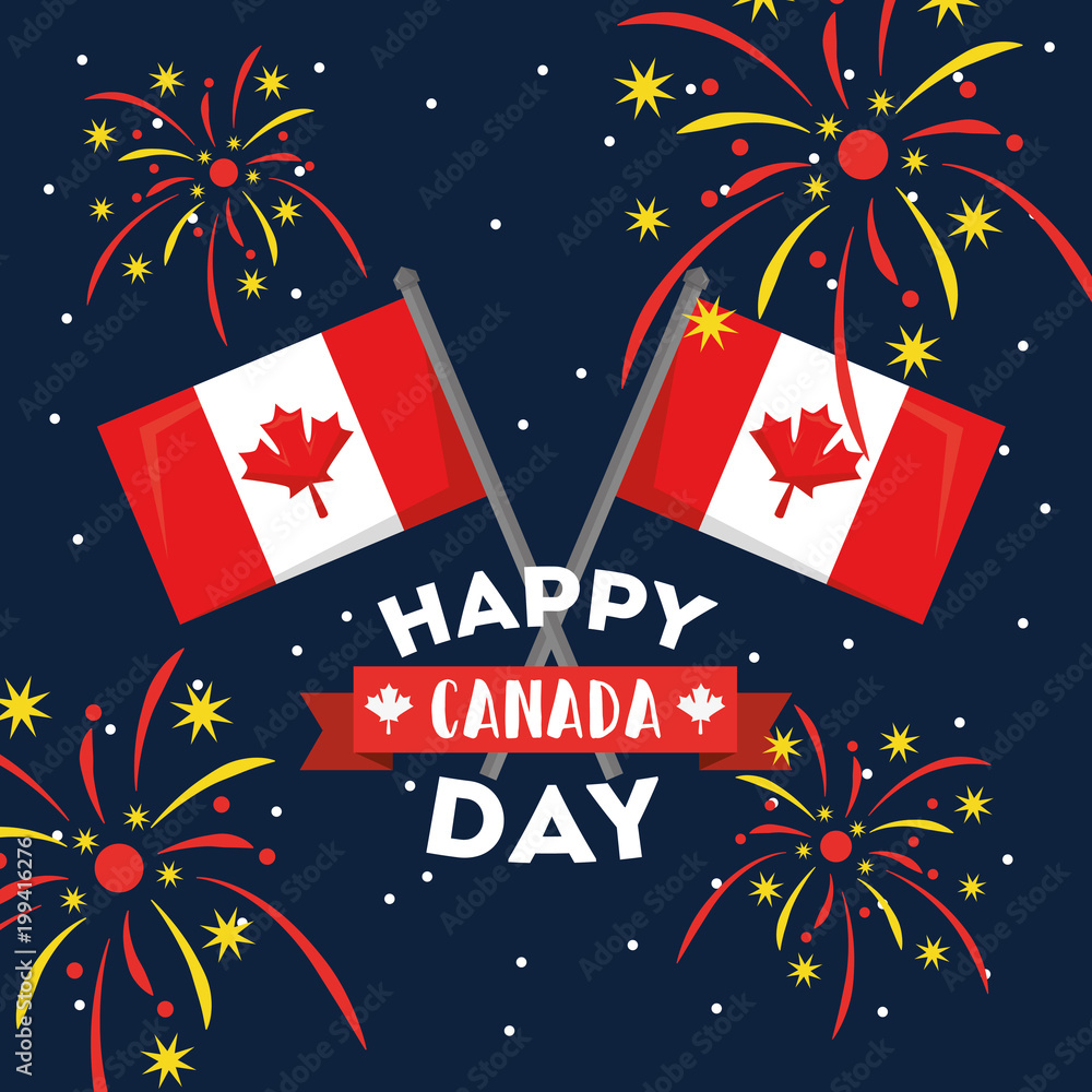 happy canada day canadian flags with fireworks poster vector ...
