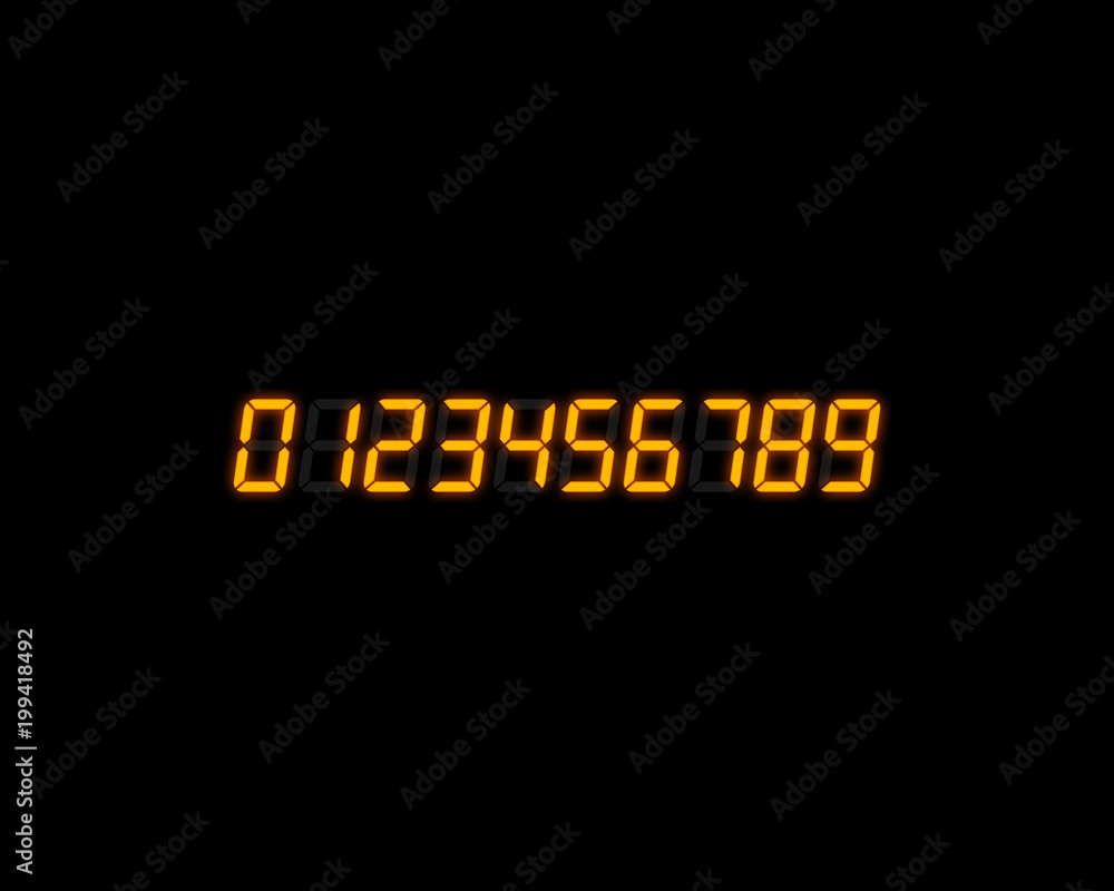 Realistic glowing vector shiny digital numbers set on dark black ...