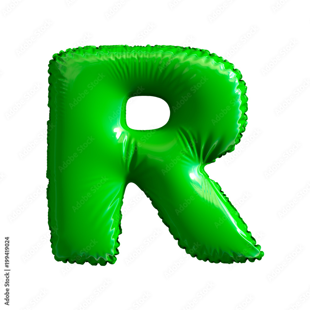 Green letter R made of inflatable balloon isolated on white background ...